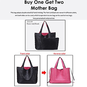 Ladies Handmade Knitting Large Handbags and Purses Casual Tote For Women Summer Beach Travel Bag Woven Composite Shoulder Bag (Rose red&black)