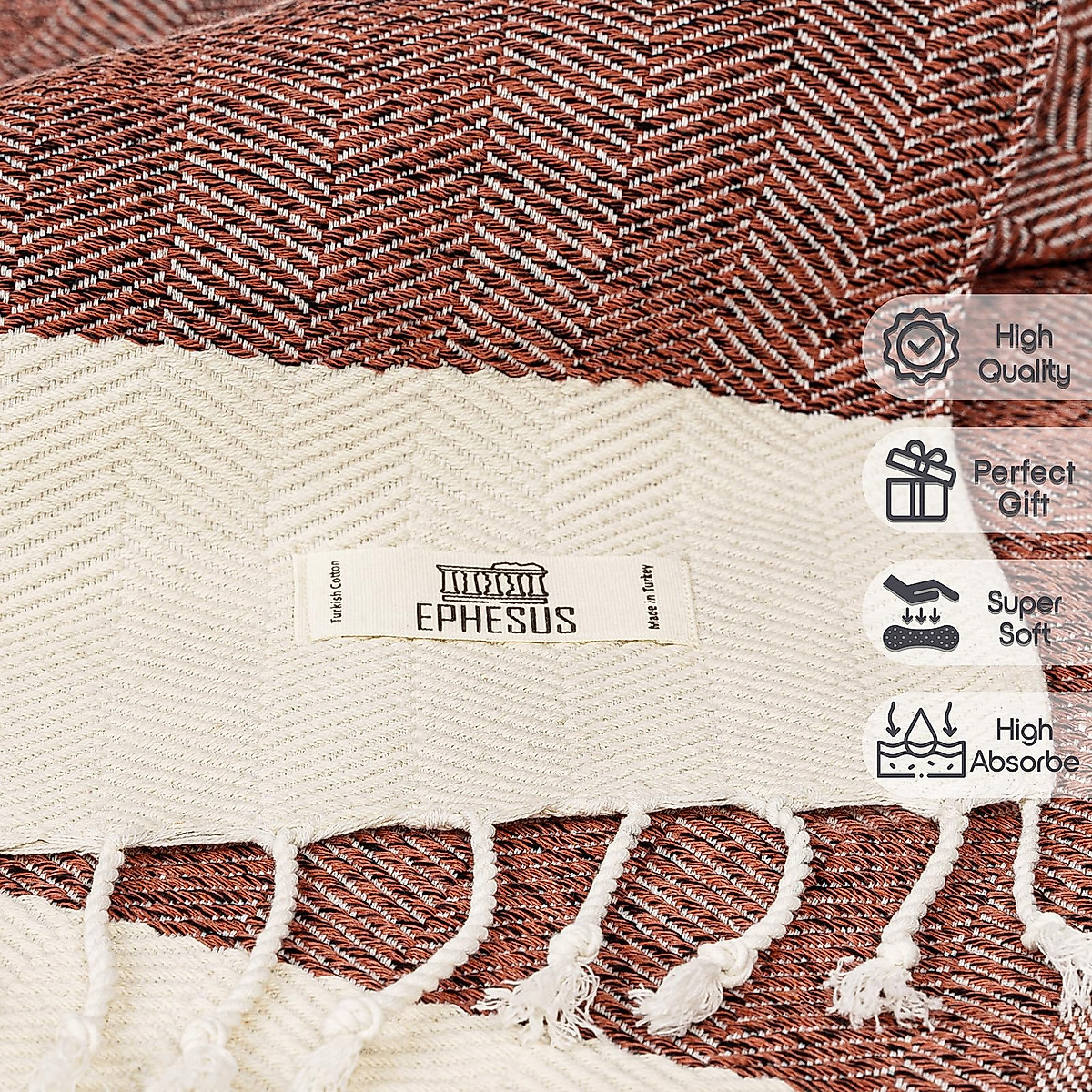 EPHESUS TOWELS Hand Towels - Set of 2 | 18" x 30" - Decorative Turkish Hand Towel for Bathroom, Kitchen, Guest, Face, Hair, Tea, Dishcloth (Herringbone, Terra)