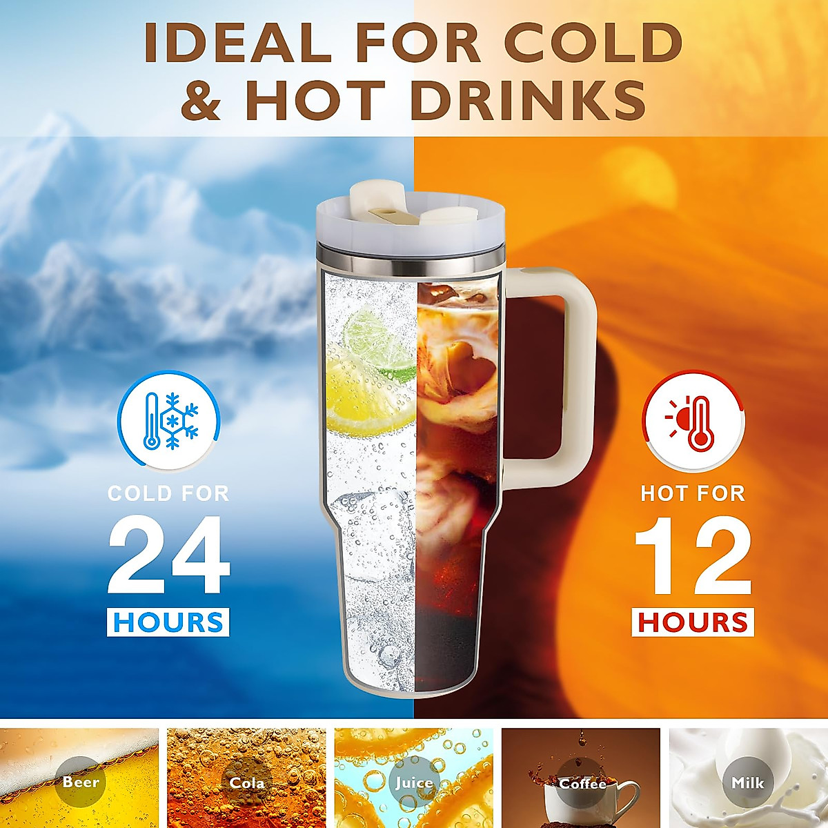 Ochapa 40 oz Tumbler with Handle Straw Lid Insulated Stainless Steel Vacuum Reusable Keep Drinks Cold Coffee Cup Holder Friendly Gifts for Women Men Lover Car Gym Travel, White