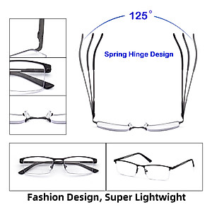 HIGHLIKE 4-Pack Blue Light Reading Glasses for Men, Metal Half Frame Readers Spring Hinge Clear Lens Eyeglasses with Pouches, Semi Rimless 2 Black 2 Gunmetal 2.0 x