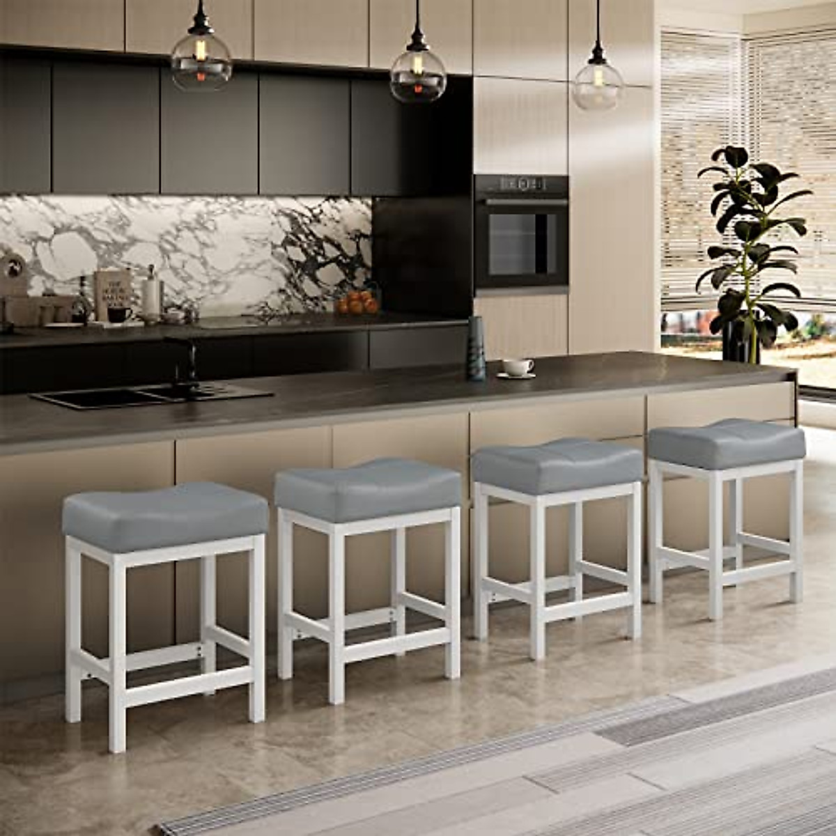 KATDANS Bar Stool, Counter Height Stool 24 Inch Saddle Stool, PU Leather Modern Kitchen Barstool with Metal Base, KS861P-LG, 1Pc