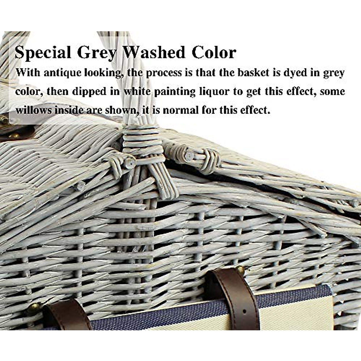 HappyPicnic 'Huntsman' Willow Picnic Hamper for 4 Persons with 'Built-in' Insulated Cooler, Wicker Picnic Basket with Canvas Stripe Lining, Willow Picnic Set, Picnic Gift Basket (Navy Stripe)