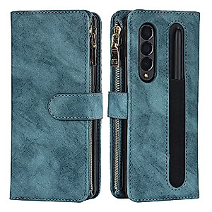 Cavor for Samsung Galaxy Z Fold 3 Crossbody Wallet Case with S Pen Holder, Leather Magnetic Closure Zipper Pocket Case with Card Slots Kickstand Feature TPU Shockproof Flip Cover,Light blue