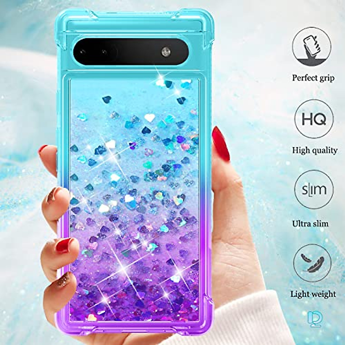 Dzxouui Pixel 6A Case, Glitter Quicksand, Glass Screen Protector, Reinforced TPU Cover - Teal/Purple