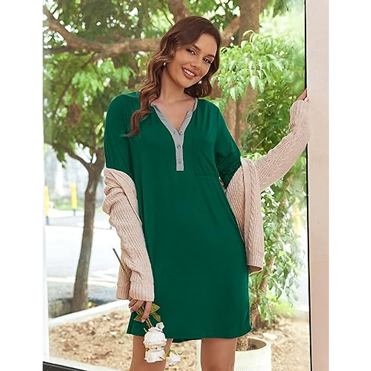 Ekouaer Women's Nightshirt Long Sleeve Button Down Nightgown V-Neck Sleepwear Pajama Dress Green