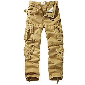 TRGPSG Men's Cargo Pants, Outdoor Tactical Camo Hiking Pants, Multi-Pocket Relaxed Fit Cotton Casual Work Pants 5334 Khaki 36