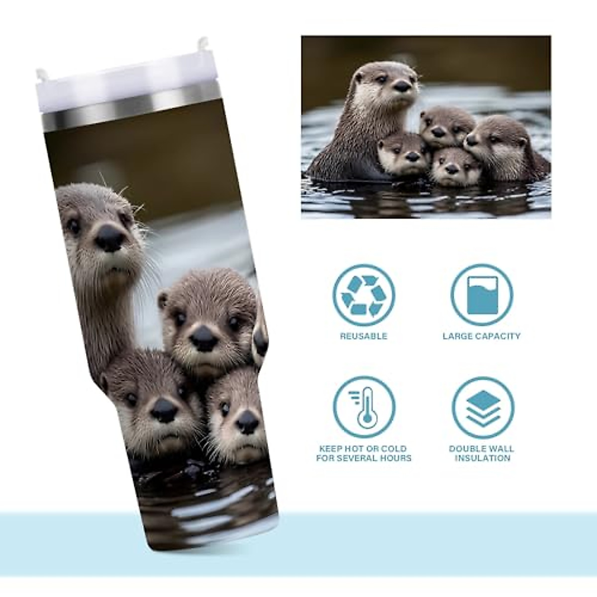 Nexawaveo Otters Family Tumbler With Handle And Straw 30-40oz Insulated Tumbler Cups With Lid Stainless Steel for Cold Water and Drinks for School Work Sports Car Travel and Weekends