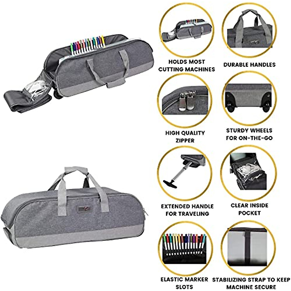 Everything Mary Rolling Craft Tote for Cricut, Brother, Silhouette Machines, Grey Heather - Machine Carrying Storage Bag for Air, Maker, Explore, Cameo - Travel Carry Case for Vinyl & Accessories