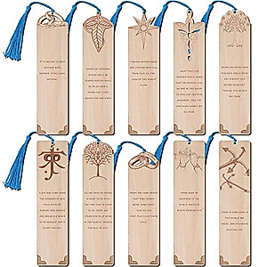 10 Pieces Bookmark Wooden Bookmark Craft, Lord of Rings Themed Hobbits Bookmarks Set with Silk Tassel, Handmade Wooden Carving Book Mark for Women Men Teens