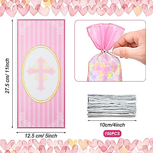 HOTOP 100 Pcs Baptism Cellophane Bags Christian Gift Treat Bag Religious Goodie Candy with 150 Ties First Communion Party Supplies Christening Confirmation Baby Shower Serves for Boy and Girl, Gold
