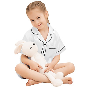 SWOMOG Toddler Girls Boys Silk Pj Cute Short Sleeve Button-Down Pajamas Set Nightwear Lounge Sets with Shorts White