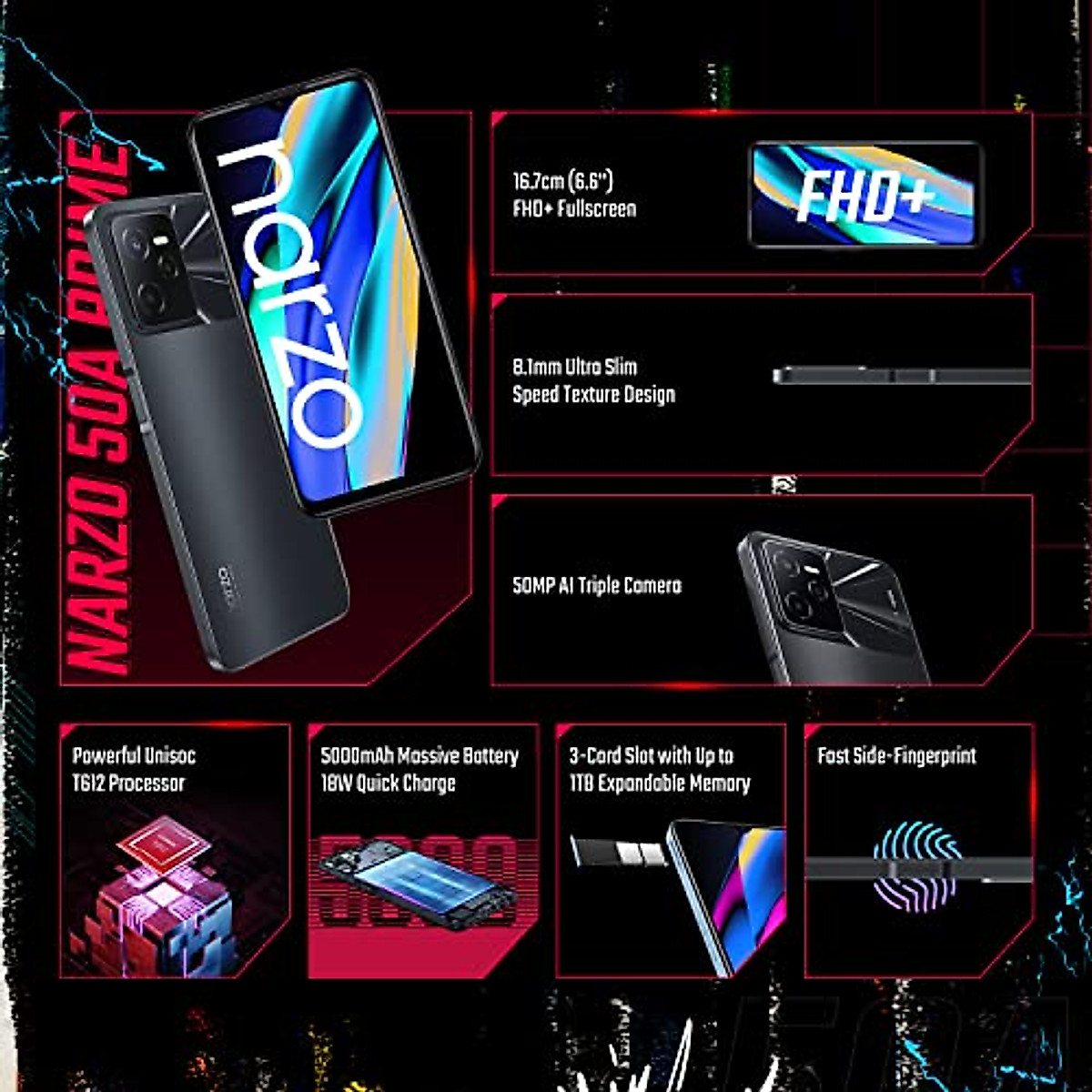 realme Narzo 50A Prime Dual-SIM 64GB ROM + 4GB RAM (GSM Only | No CDMA) Factory Unlocked 4G/LTE Smartphone (Flash Black) - International Version