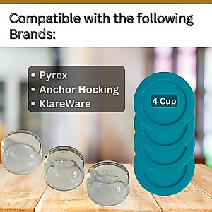 Klare Ware 4 Cup Replacement Lids/Covers for Pyrex 7201, Anchor Hocking & Klare Ware Storage Bowls (Glass Container Not Included) Microwave, Freezer & Top Rack Dishwasher Safe (4 Pack, Turquoise)