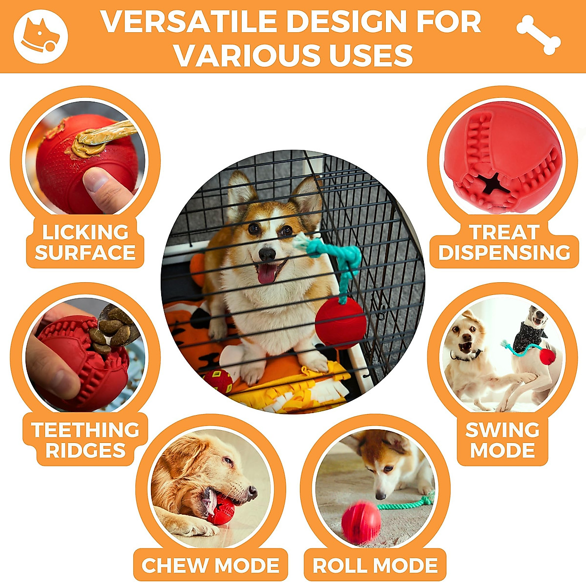 Fossa 4-in-1 Crate Entertaing Puzzle Chew Toy for Dogs | Upgrade Crate Training Aids for Puppies | Food Treat Dispensing Dog Toys | Dog Teething Ball with Adjust Rope to Reduce Stress Anxiety