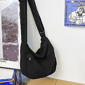 Canvas Messenger Bag Large Hobo Crossbody Bag with Zipper Casual Shoulder Tote Handbag for Women and Men (Black)