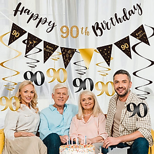 90th Birthday Decoration Kit, Happy 90th Birthday Banner Bunting Swirls Streamers, Triangle Flag Banner for Birthday Party Decorations Supplies Black and Gold 90th