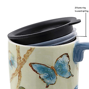 Topadorn Coffee Ceramic Mug Porcelain Latte Tea Cup With Lid 17oz.,Blue