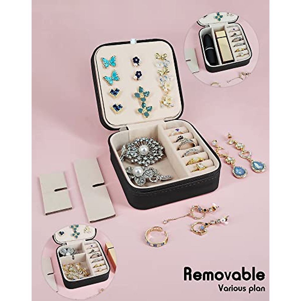 FireKylin Travel Jewelry Case for Women, Small Jewelry Box for Travelling, PU Leather Ring Earring Necklace Bracelet Holder Organizer (Black)