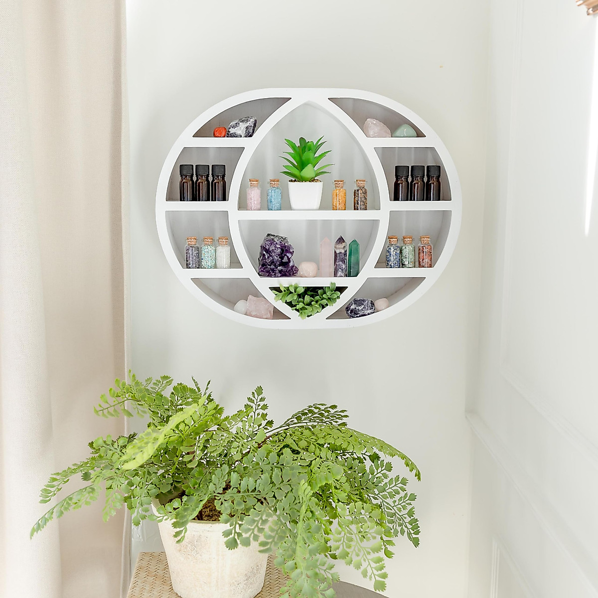 Crescent Moon Shelf Decor - Wooden Moon Shelf for Crystals, Stones & Essential Oil Display, Moon Phase Wall Decor, Crystal Shelf Display, Boho Shelf for Bedroom - Patented - 17 x 14 x 3.5 in. (White)