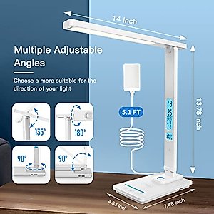 LED Desk Lamp with Wireless Charger, USB Charging Port, Desk Lamps for Home Office with 2 Night Lights & 5 Color Modes & 5 Brightness, Touch Control Desk Light with Clock, Alarm, Date, Temperature