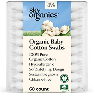 Sky Organics Organic Baby Cotton Swabs for Baby, 100% Pure Organic Cotton, GOTS Certified Organic Cotton, 60 Count