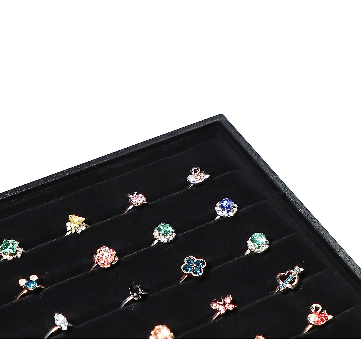 Wudygirl 7 Slots Velvet Ring Earrings Tray Storage Jewelry Showcase Display Stackable Rings Organizer Holder for Drawers, Black (Ring Tray)