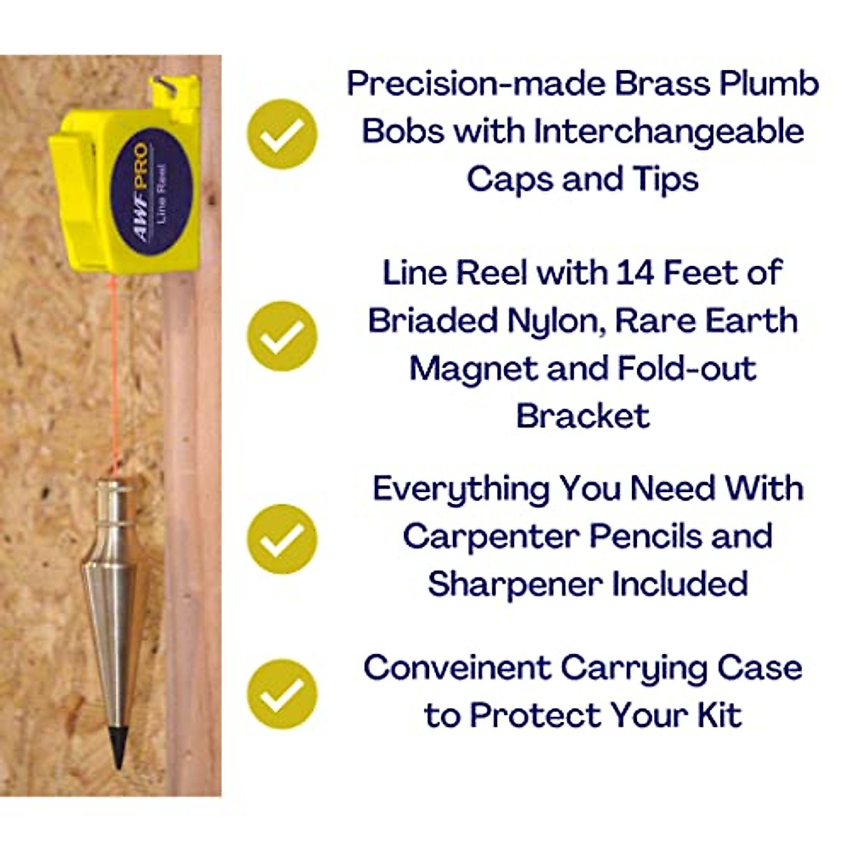 AWF PRO Plumb Bob Kit - 16 oz and 8 oz Solid Brass Plumb Bobs, 14 ft Retractable Line Reel with Magnetic Base, 2 Pencils, Pencil Sharpener, Carrying Case