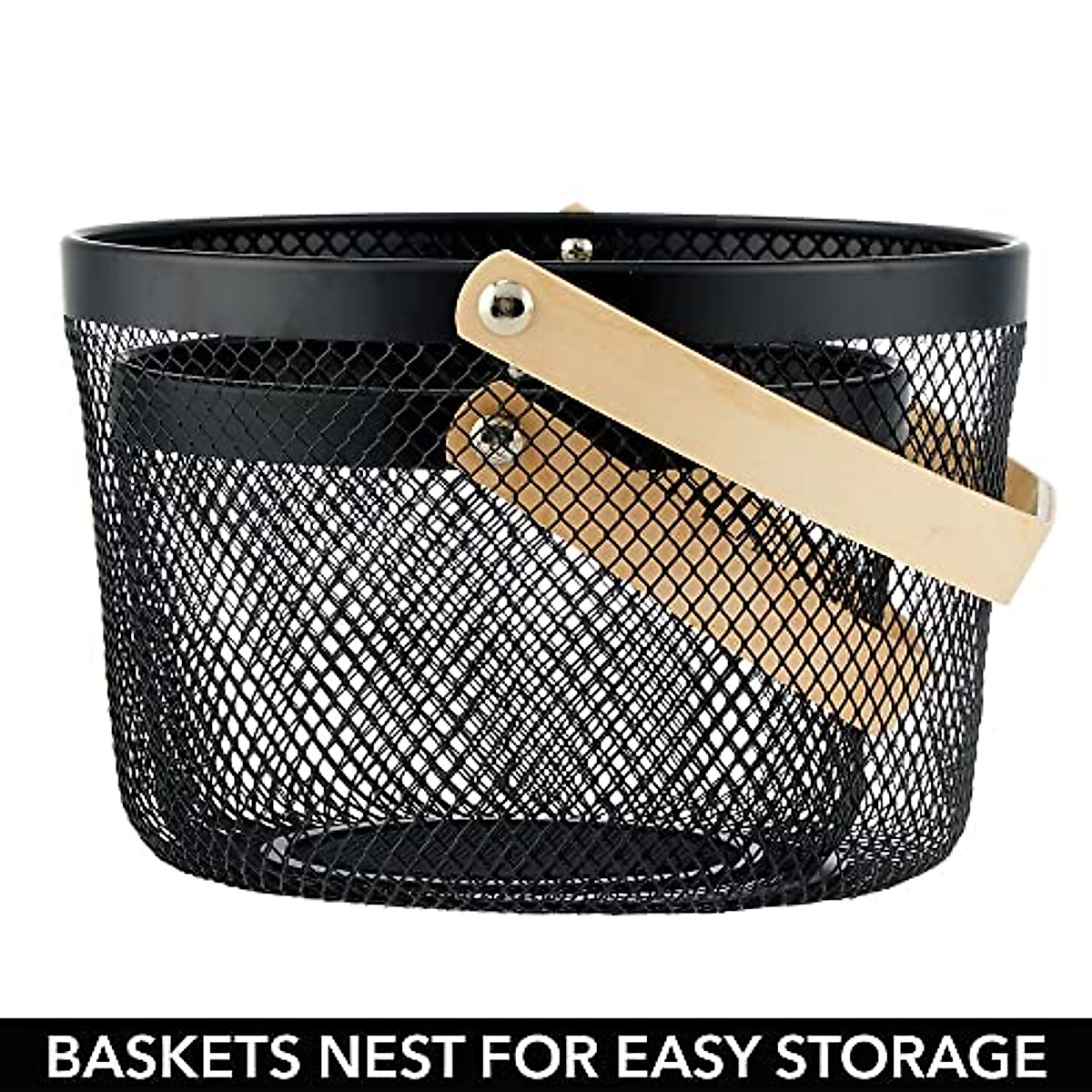 mDesign Farmhouse Metal Storage Organizer Basket Bin with Wood Handles - for Bathroom, Office, Entryway, Closet, Cabinet, Bedroom, Laundry Room, Nursery, Kids Toy Room, Set of 2 - Black