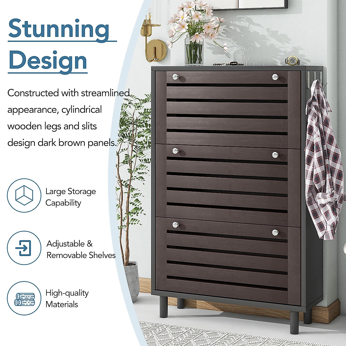 Narrow Shoe Cabinet with 3 Flip Drawers for 24 Pairs Shoes, Natural Wood Top Entryway Organizer with 3 Hooks, Free Standing Shoe Rack with Adjustable Panel for Hallway, 31.5''x9.4''x47.6'',Black&Brown