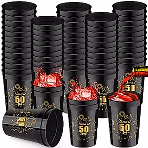 Mototo 60 Pieces 50th Small Birthday Cups 8 oz Cheer to 50 Years Plastic Cups Plastic Birthday Stadium Cups Black and Gold Plastic Cups for Birthday Party Favors Anniversary Wedding Party Supplies