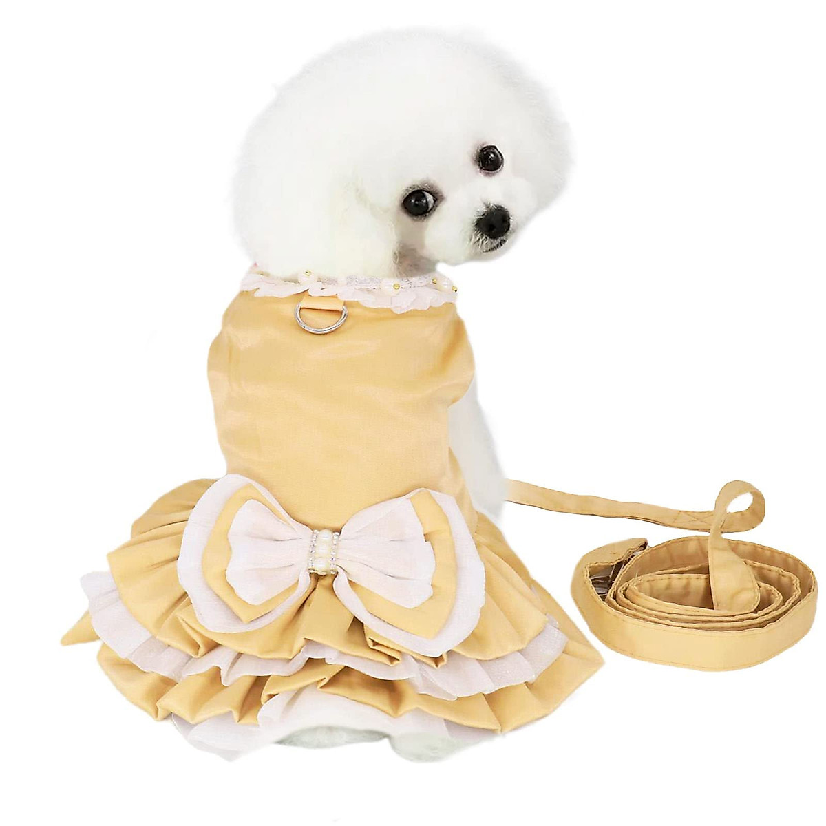 Albrost Dog Dress Harness Vest with Matching Leash, Golden Bow-Knot Puppy Dresses D Ring, Cute Leash Set, Princess Multi-Layer Pleated Skirt Pet for Small Cat (Medium), Golden,Gold,White