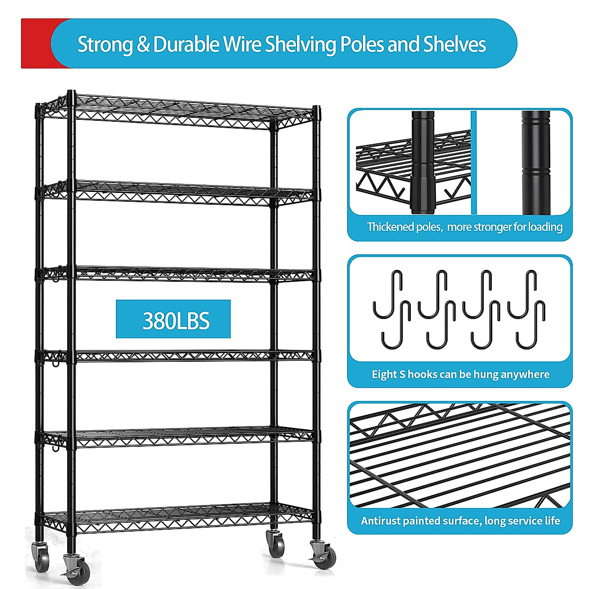Hodonas 2300LBS Wire Shelving Unit, 36"W x 14"D x 75"H Metal Standing Shelf Units with Wheels / Leveling Feet, 6 Tier, Adjustable, Heavy Duty, and NSF Storage Shelves, Rolling Metal Shelving Wire Rack