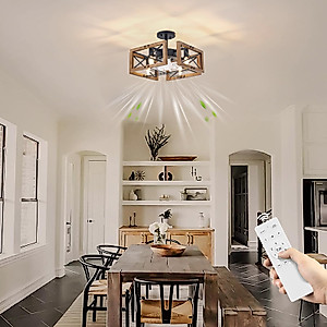 Farmhouse Ceiling Fans with Lights, Wood Flush Mount Ceiling Fan Lights with Remote Control,Caged Indoor Ceiling Fan with Light for Living Room,Bedroom,Kitchen