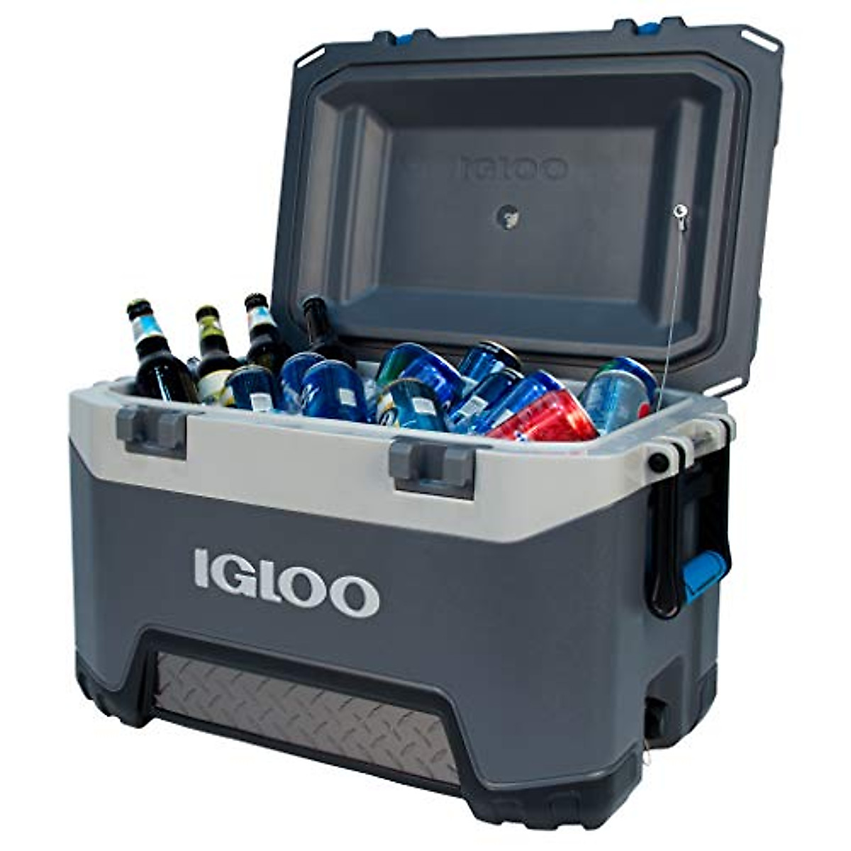 Igloo BMX 52 Quart Cooler with Cool Riser Technology, Fish Ruler, and Tie-Down Points - 16.34 Pounds - Carbonite Gray and Blue