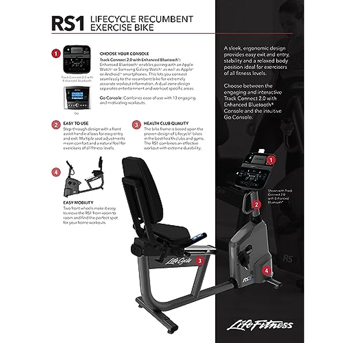 Life Fitness RS1 Recumbent Indoor Cycling Exercise Bike with Go Console