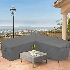 SUNSURE Patio L-Shaped Sectional Sofa Cover Waterproof Outdoor Furniture Cover 420D Heavy Duty V-Shaped Sectional Couch Cover Gray Lawn Garden Furniture Set Covers with Buckle Strap (106x106in)