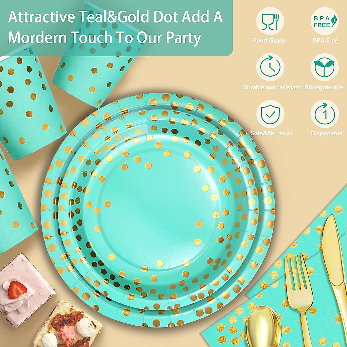 Gudvilla 168PCS Teal Party Plates and Cups and Napkins sets,Teal Paper Plates Bulk with Gold Cutlery Serve 24 Guests,Teal Party Supplies Bridal Shower Birthday for Teal and Gold Wedding Decorations