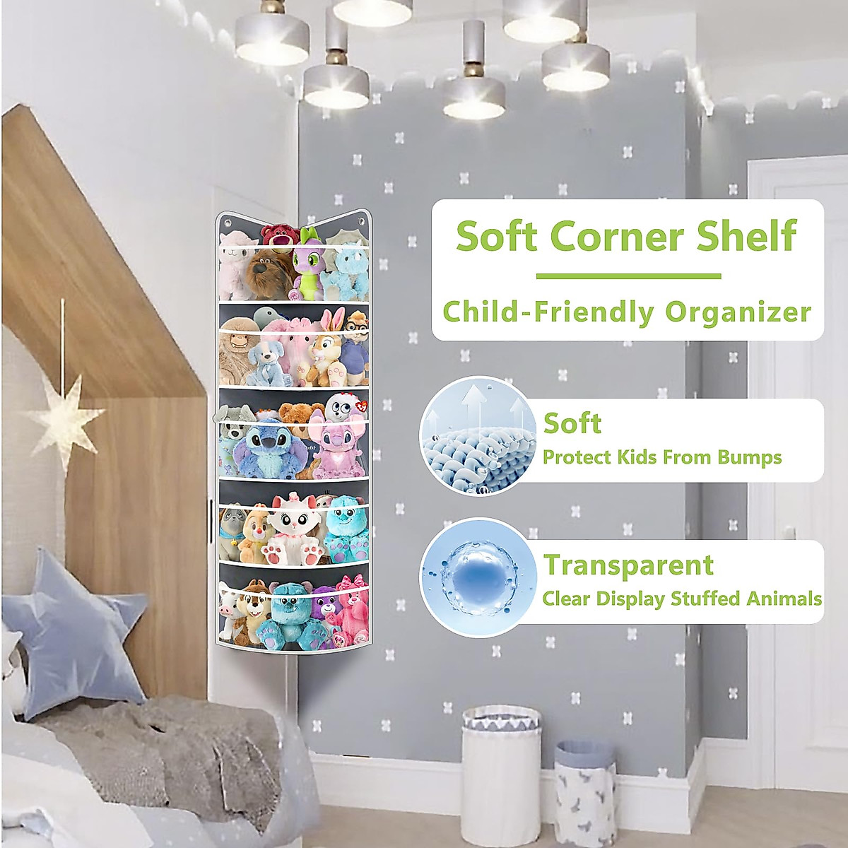 UVIAHOMI Sofe Corner Stuffed Animal Storage Toy Organizer, Child-Friendly Wall Corner Storage,Toy Shelf for Stuffed Animals, Diapers,Toys - Baby Ideas Holder with 5 Large