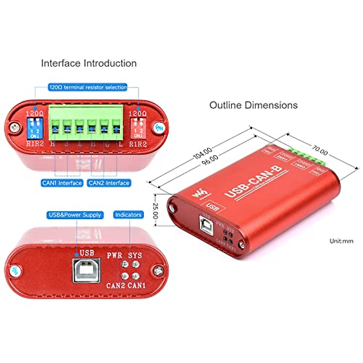 Waveshare USB to CAN Adapter Dual-Channel CAN Analyzer Industrial Isolation Support Windows XP/7/8/10/11 and Linux Systems