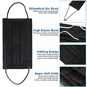 100 Pack Black Disposable Face Masks -3 Layer Medical Masks Disposable for Adults Home Office Outdoor and School