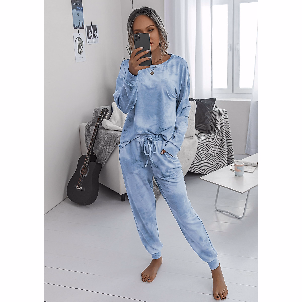 PRETTYGARDEN Women's Tie Dye Two Piece Pajamas Set Casual Long Sleeve Sweatshirt with Long Pants Loungewear (Grey,X-Large)