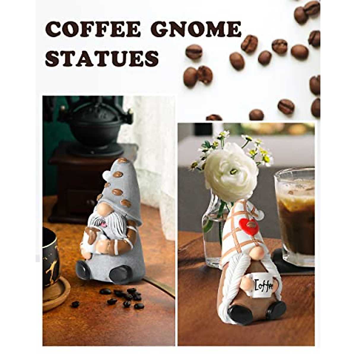 iStatue Coffee Gnomes - Set of 2 Resin 4-inch Swedish Collectible Figurines Couple and Coffee Bar Accessories for Counter Valentine Decor (Coffee Gnomes)