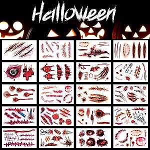 140 PCS Halloween Zombie Makeup, Halloween Fake Scars Horror Fake Bloody Wound Temporary Zombie Tattoos for Women Men Kids Halloween Party Cosplay