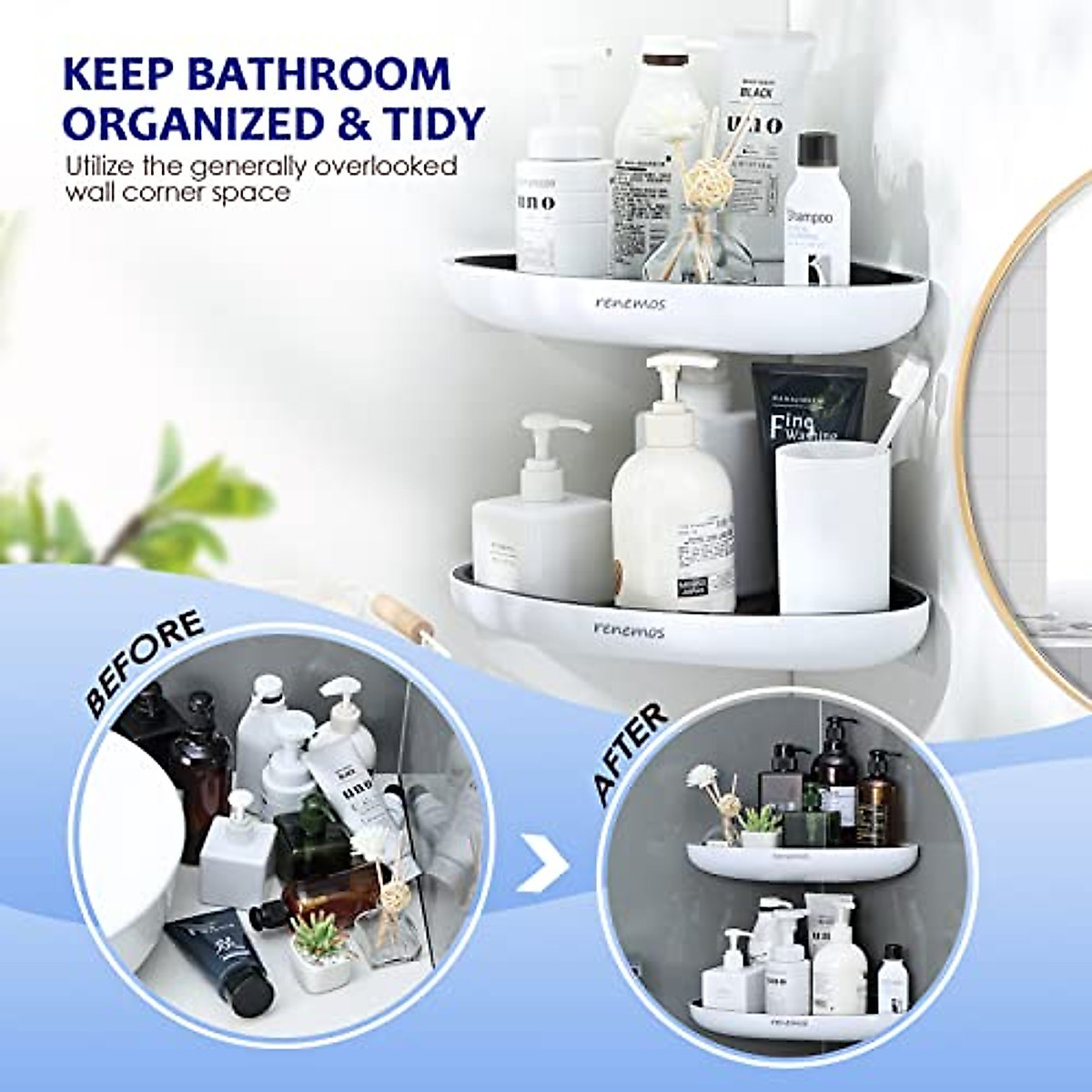 renemos Corner Shower Caddy, Shower Shelves Wall Mount, Ultra Stable Heavy Duty Adhesive Shower Rack, Fast Drain and Rustproof, Multi-tier Combination Available (White+Black)(1 PACK)