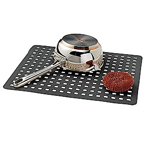 mDesign Decorative Kitchen Plastic Sink Protector Set, Quick Draining - Protect Surfaces and Dishes - Modern Slotted Design - Includes 1 Saddle, 2 Large Mats - Set of 3 - Black