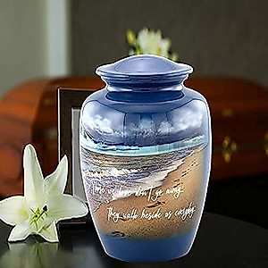 Footprints Urn, Footprints Cremation Urn for Ashes, Hand Painted Adult Beach Urn, Handmade Beach Cremation Urn with Velvet Bag (Large)