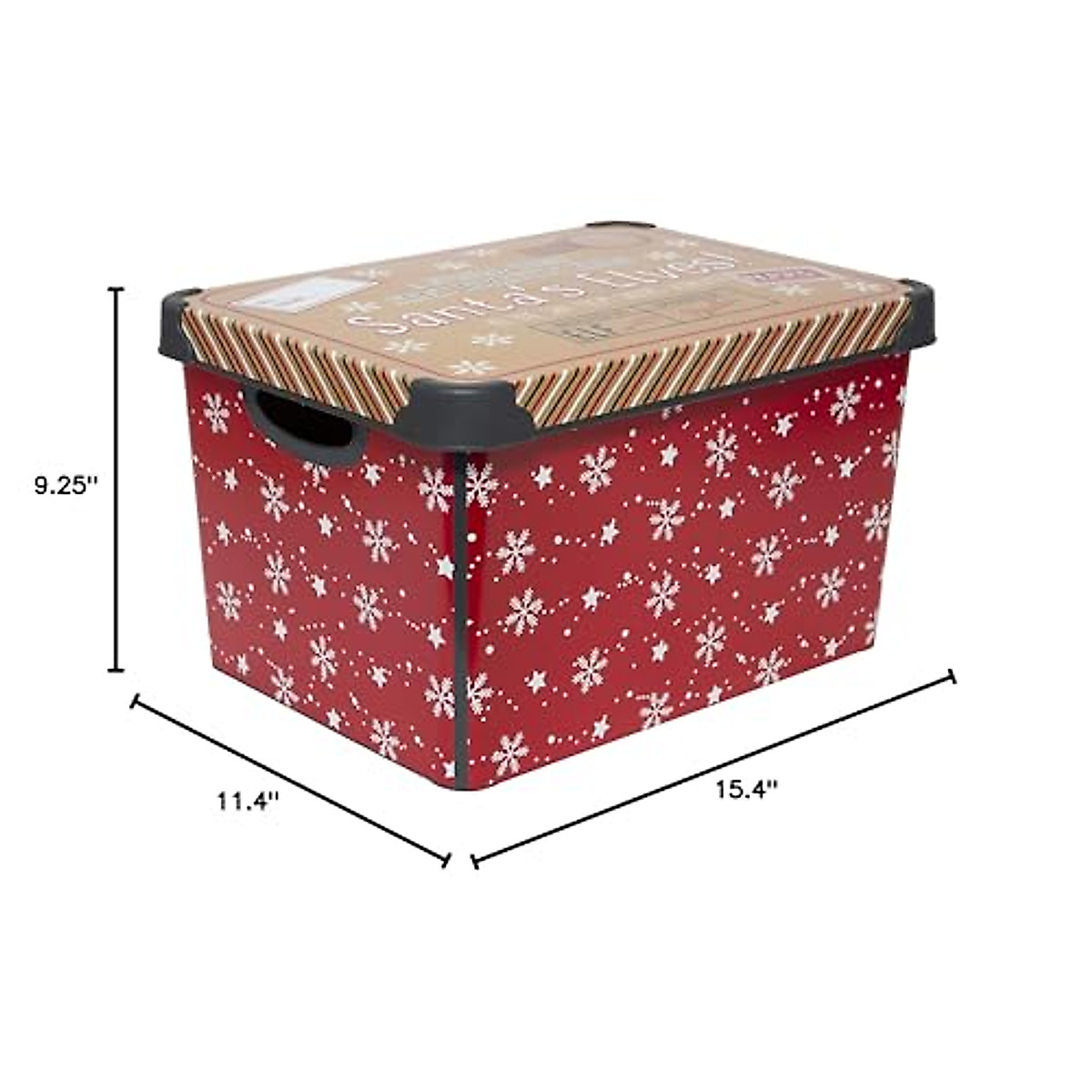 Simplify Santa’s Elves and Snowflake Design Storage Bin | Christmas Tote | Holiday Décor Decorations Organizer | Lidded | Stackable | Red