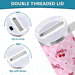 Bseiialft 40 oz Tumbler with Handle Pink Bow Cherry Heart Check Water Bottle with Lid and Straw Vacuum Insulated Cup Stainless Steel Travel Coffee Mug for Home Office Car