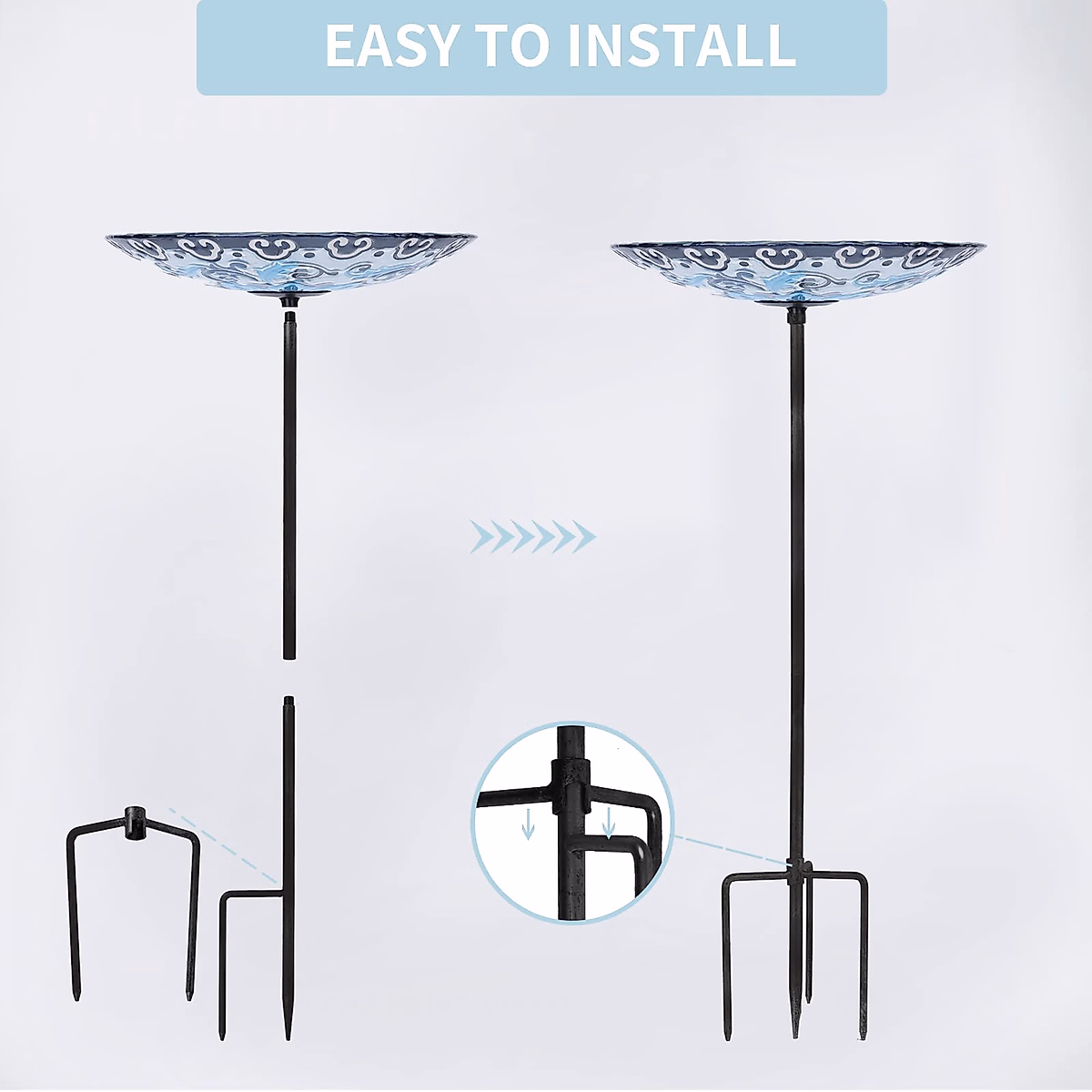 MUMTOP Glass Bird Baths, Garden Outdoor Birdbaths Birdfeeder with Metal Stake for Outside Yard Lawn, Blue