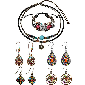 Hicarer Leather Necklace Bead Choker Adjustable Vintage Turquoise Necklace Handmade Woven Beaded Bracelet with 4 Pairs Bohemian Vintage Dangle Earrings Jewelry for Women